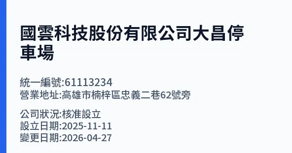 國雲科技股份有限公司大昌停車場的照片-統編 61113234(高雄市) 公司登記資料與營業項目詳細圖表
