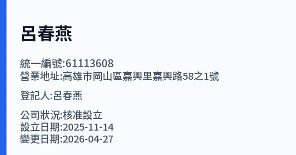 呂春燕的照片-統編 61113608(高雄市) 公司登記資料與營業項目詳細圖表