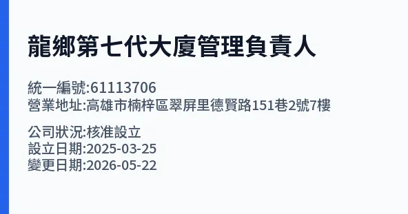 龍鄉第七代大廈管理負責人的照片-統編 61113706(高雄市) 公司登記資料與營業項目詳細圖表