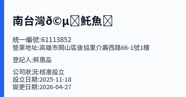 南台灣𩵚魠魚焿的照片-統編 61113852(高雄市) 公司登記資料與營業項目詳細圖表