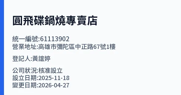 圓飛碟鍋燒專賣店的照片-統編 61113902(高雄市) 公司登記資料與營業項目詳細圖表