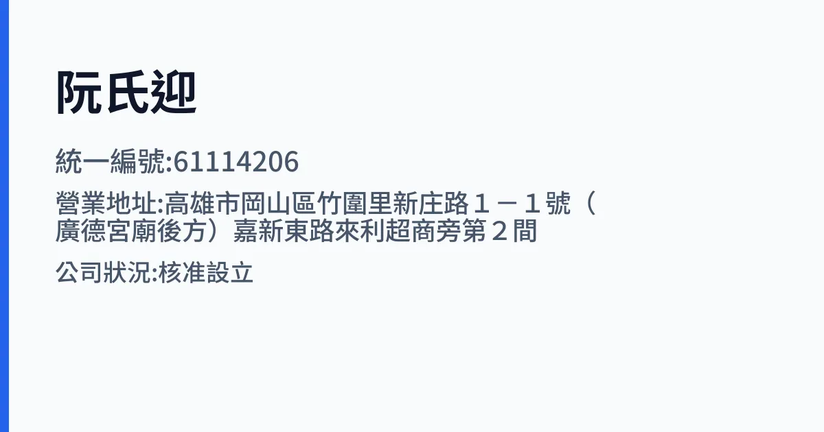 阮氏迎 - 統編 61114206(高雄市) 公司登記資料與營業項目詳細圖表