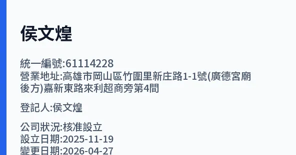 侯文煌的照片-統編 61114228(高雄市) 公司登記資料與營業項目詳細圖表
