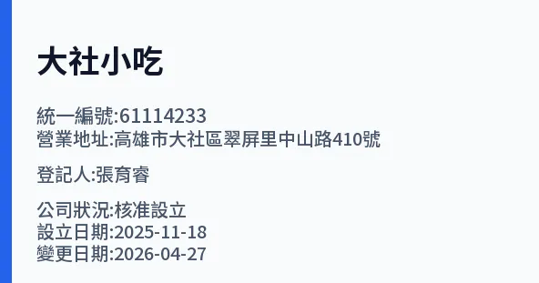 大社小吃的照片-統編 61114233(高雄市) 公司登記資料與營業項目詳細圖表