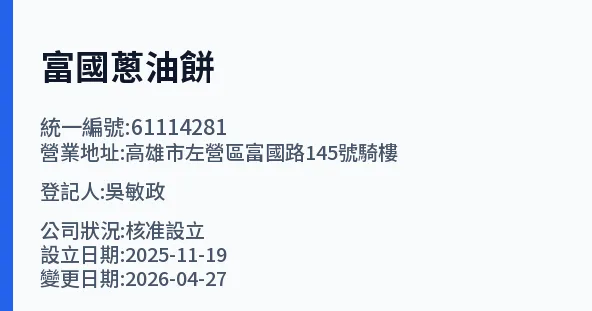 富國蔥油餅的照片-統編 61114281(高雄市) 公司登記資料與營業項目詳細圖表