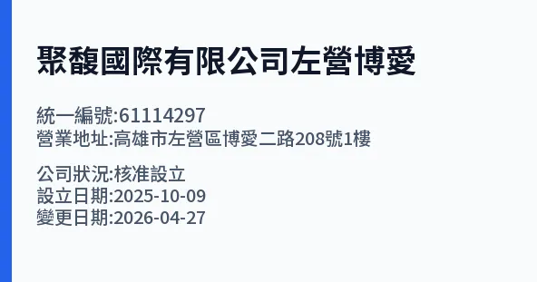 聚馥國際有限公司左營博愛的照片-統編 61114297(高雄市) 公司登記資料與營業項目詳細圖表
