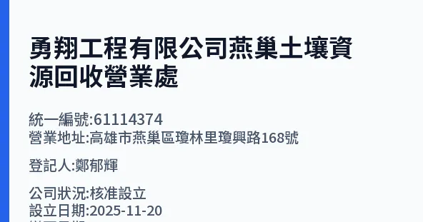 勇翔工程有限公司燕巢土壤資源回收營業處的照片-統編 61114374(高雄市) 公司登記資料與營業項目詳細圖表