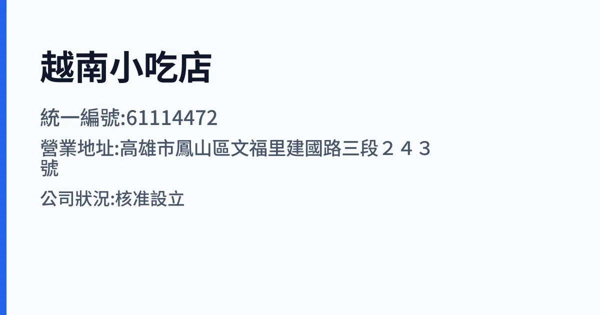 越南小吃店 - 統編 61114472（高雄市） 公司登記資料與營業項目詳細圖表