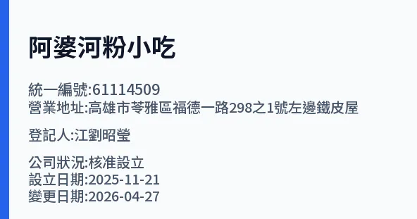 阿婆河粉小吃的照片-統編 61114509(高雄市) 公司登記資料與營業項目詳細圖表