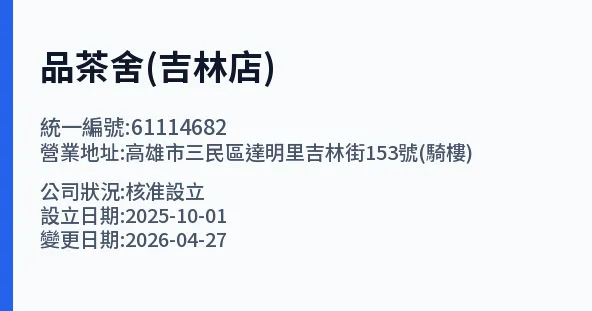 品茶舍(吉林店)的照片-統編 61114682(高雄市) 公司登記資料與營業項目詳細圖表