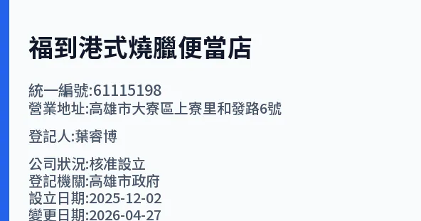 福到港式燒臘便當店的照片-統編 61115198(高雄市) 公司登記資料與營業項目詳細圖表