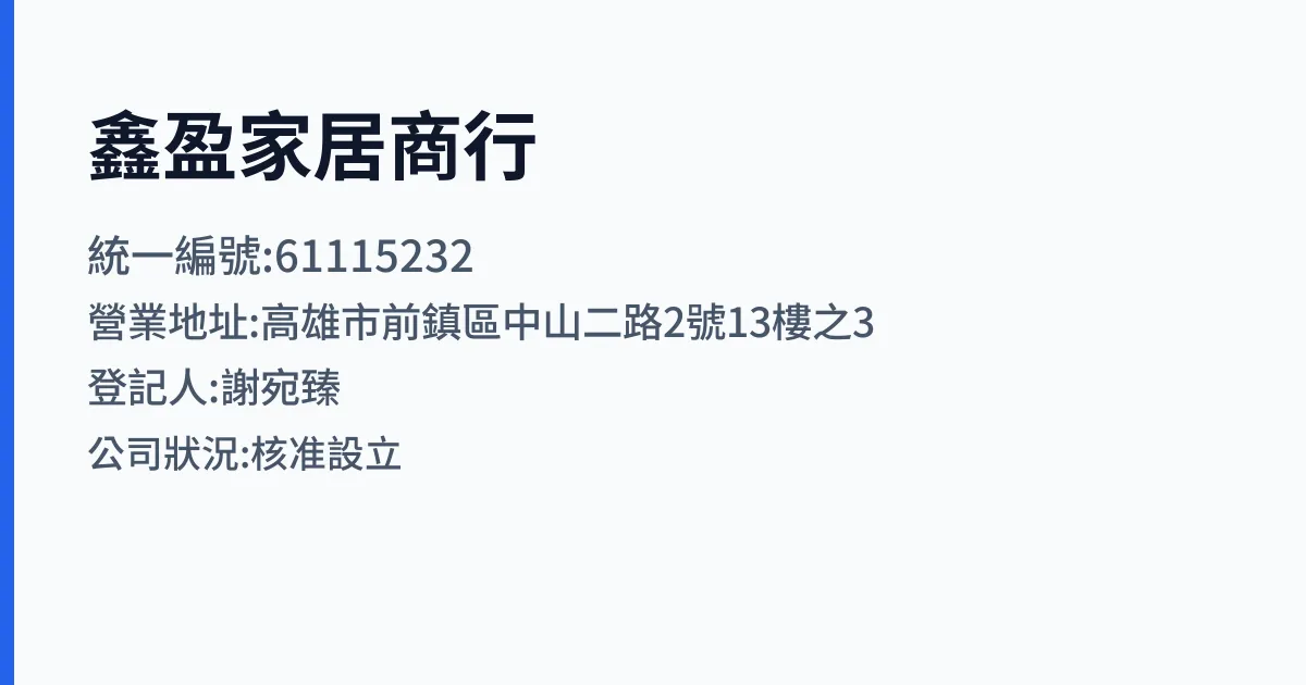 鑫盈家居商行 - 統編 61115232(高雄市) 公司登記資料與營業項目詳細圖表