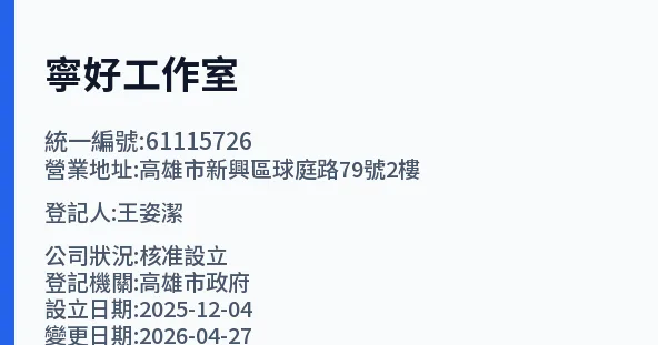 寧好工作室的照片-統編 61115726(高雄市) 公司登記資料與營業項目詳細圖表