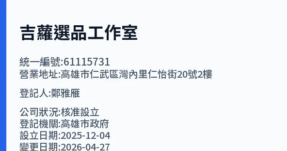 吉蘿選品工作室的照片-統編 61115731(高雄市) 公司登記資料與營業項目詳細圖表