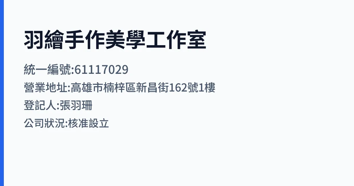 羽繪手作美學工作室 - 統編 61117029(高雄市) 公司登記資料與營業項目詳細圖表