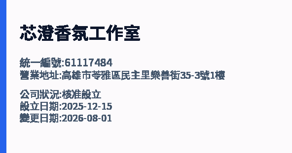 芯澄香氛工作室的照片-統編 61117484 公司登記資料與營業項目詳細圖表