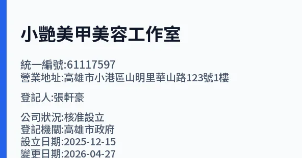 小艷美甲美容工作室的照片-統編 61117597(高雄市) 公司登記資料與營業項目詳細圖表