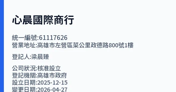 心晨國際商行的照片-統編 61117626(高雄市) 公司登記資料與營業項目詳細圖表