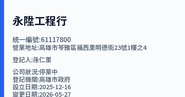 永陞工程行的照片-統編 61117800(高雄市) 公司登記資料與營業項目詳細圖表