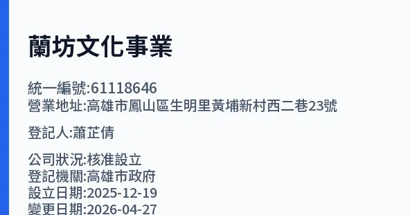 蘭坊文化事業的照片-統編 61118646(高雄市) 公司登記資料與營業項目詳細圖表