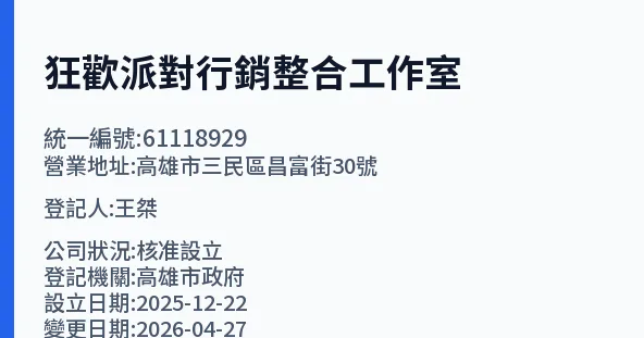 狂歡派對行銷整合工作室的照片-統編 61118929(高雄市) 公司登記資料與營業項目詳細圖表
