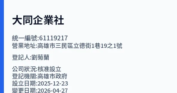 大同企業社的照片-統編 61119217(高雄市) 公司登記資料與營業項目詳細圖表