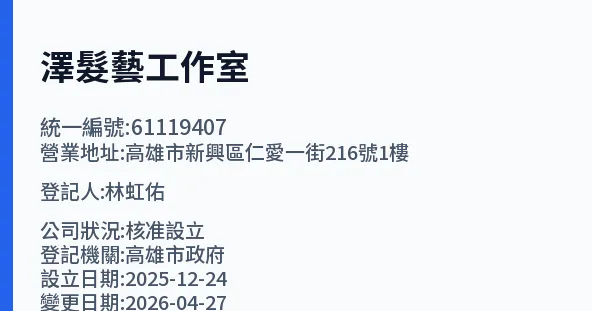 澤髮藝工作室的照片-統編 61119407(高雄市) 公司登記資料與營業項目詳細圖表