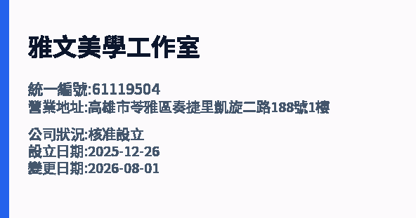 雅文美學工作室的照片-統編 61119504 公司登記資料與營業項目詳細圖表