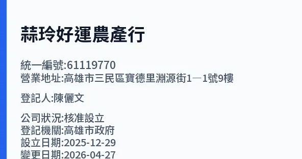 蒜玲好運農產行的照片-統編 61119770(高雄市) 公司登記資料與營業項目詳細圖表