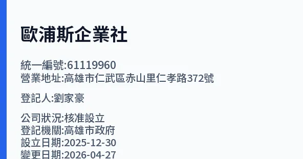 歐浦斯企業社的照片-統編 61119960(高雄市) 公司登記資料與營業項目詳細圖表
