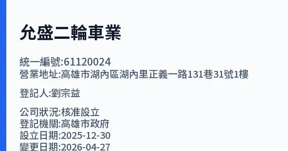 允盛二輪車業的照片-統編 61120024(高雄市) 公司登記資料與營業項目詳細圖表