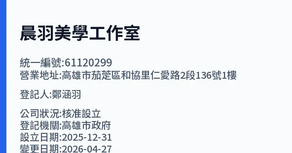 晨羽美學工作室的照片-統編 61120299(高雄市) 公司登記資料與營業項目詳細圖表