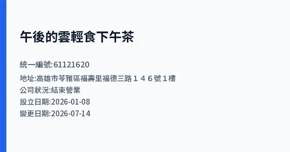 午後的雲輕食下午茶的照片-統編 61121620 公司登記資料與營業項目詳細圖表