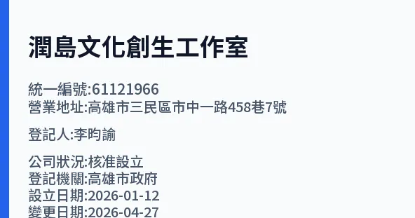 潤島文化創生工作室的照片-統編 61121966(高雄市) 公司登記資料與營業項目詳細圖表