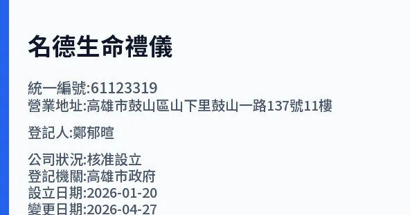 名德生命禮儀的照片-統編 61123319(高雄市) 公司登記資料與營業項目詳細圖表