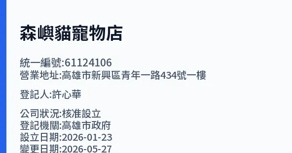 森嶼貓寵物店的照片-統編 61124106(高雄市) 公司登記資料與營業項目詳細圖表