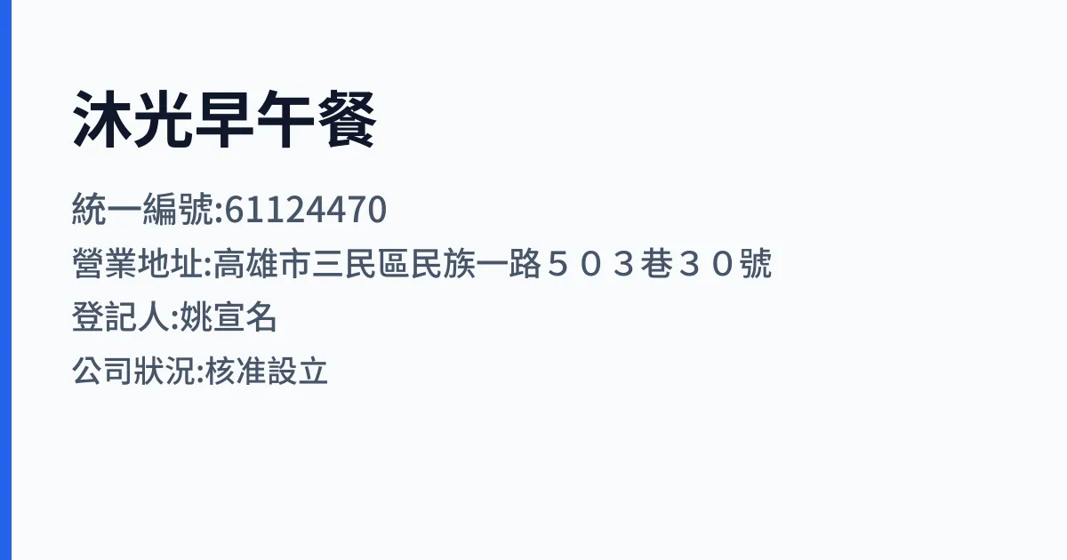 沐光早午餐 - 統編 61124470(高雄市) 公司登記資料與營業項目詳細圖表