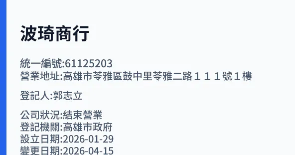 波琦商行的照片-統編 61125203(高雄市) 公司登記資料與營業項目詳細圖表
