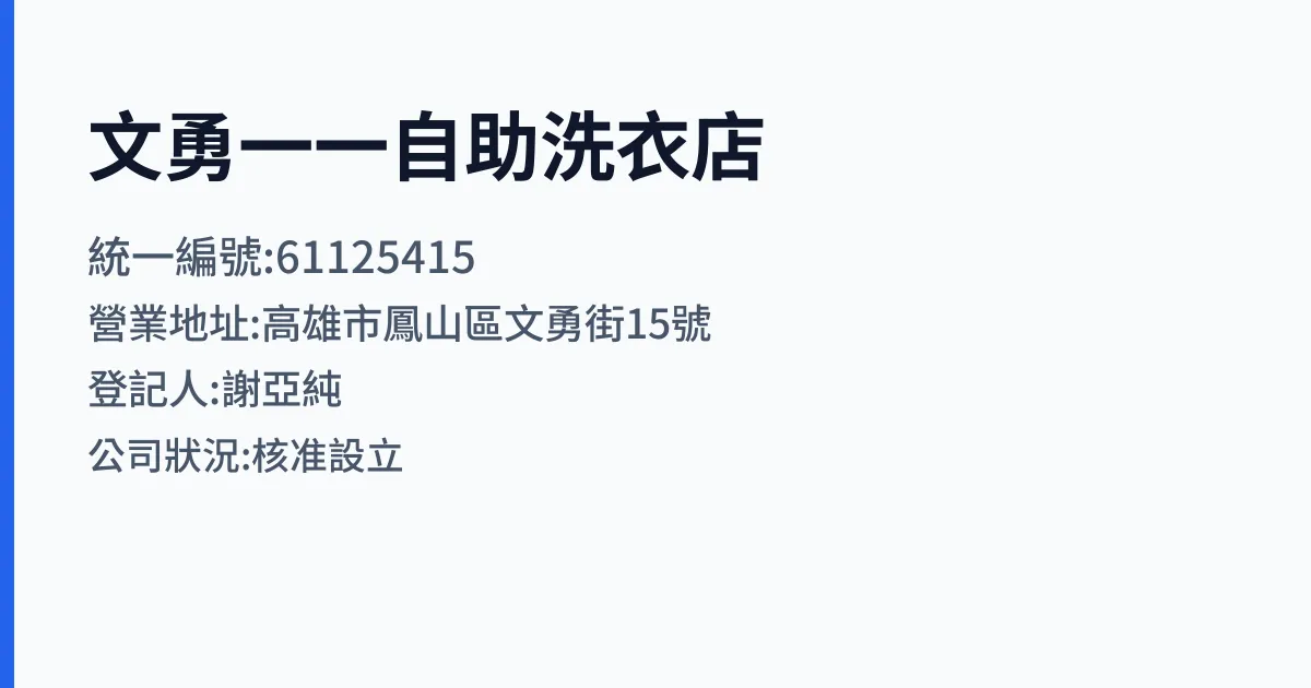 文勇一一自助洗衣店 - 統編 61125415(高雄市) 公司登記資料與營業項目詳細圖表