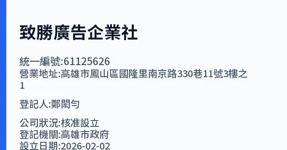 致勝廣告企業社的照片-統編 61125626(高雄市) 公司登記資料與營業項目詳細圖表