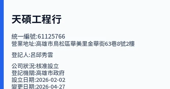 天碩工程行的照片-統編 61125766(高雄市) 公司登記資料與營業項目詳細圖表