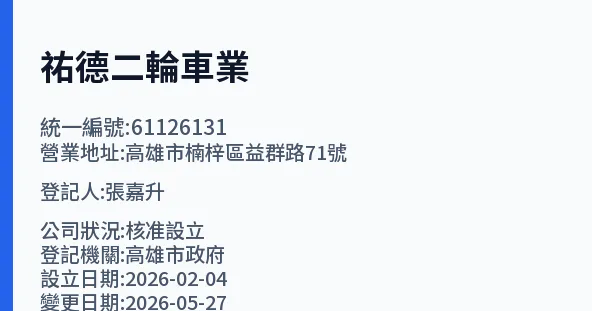 祐德二輪車業的照片-統編 61126131(高雄市) 公司登記資料與營業項目詳細圖表
