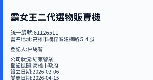 霸女王二代選物販賣機的照片-統編 61126511(高雄市) 公司登記資料與營業項目詳細圖表