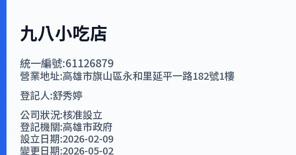九八小吃店的照片-統編 61126879(高雄市) 公司登記資料與營業項目詳細圖表