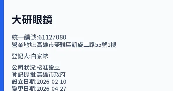 大研眼鏡的照片-統編 61127080(高雄市) 公司登記資料與營業項目詳細圖表