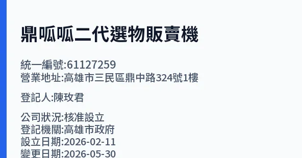鼎呱呱二代選物販賣機的照片-統編 61127259(高雄市) 公司登記資料與營業項目詳細圖表