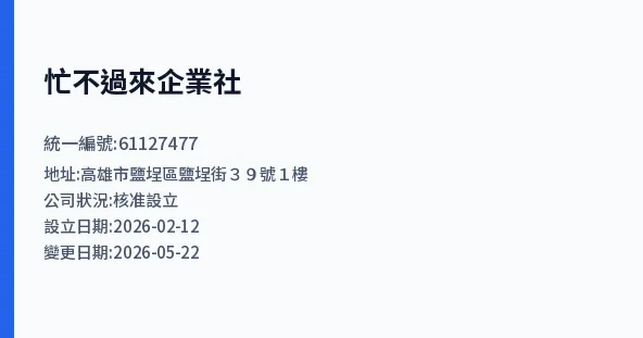 忙不過來企業社的照片-統編 61127477(高雄市) 公司登記資料與營業項目詳細圖表