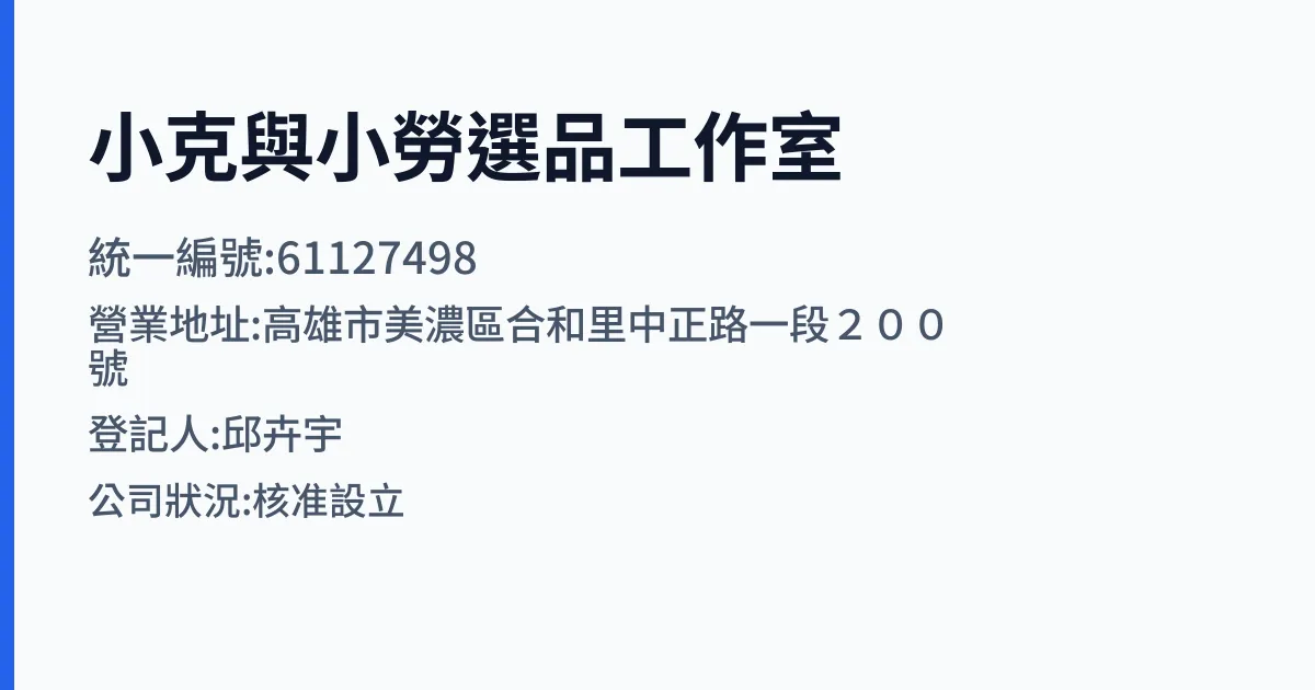 小克與小勞選品工作室 - 統編 61127498(高雄市) 公司登記資料與營業項目詳細圖表