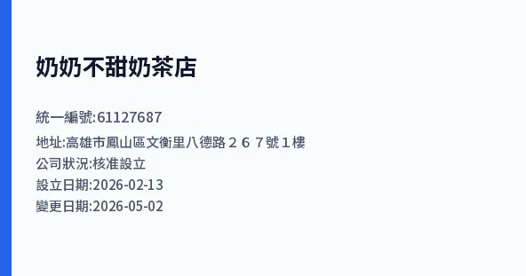 奶奶不甜奶茶店的照片-統編 61127687(高雄市) 公司登記資料與營業項目詳細圖表