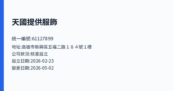 天國提供服飾的照片-統編 61127899(高雄市) 公司登記資料與營業項目詳細圖表